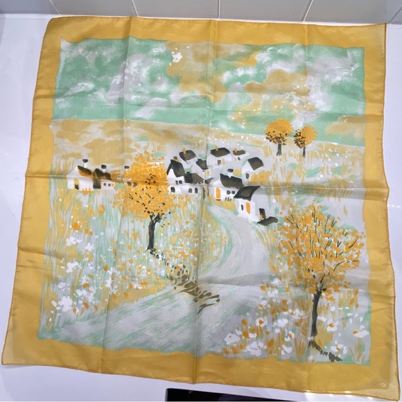 Accessories | Vintage 6s Printed Yellowgreen Scarf Country Scene Made ...